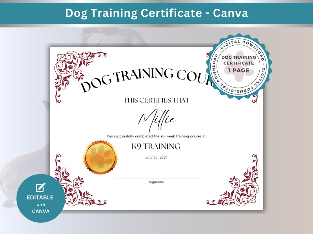 Dog Training Certificate for a Dog Training Course or Puppy Training ...