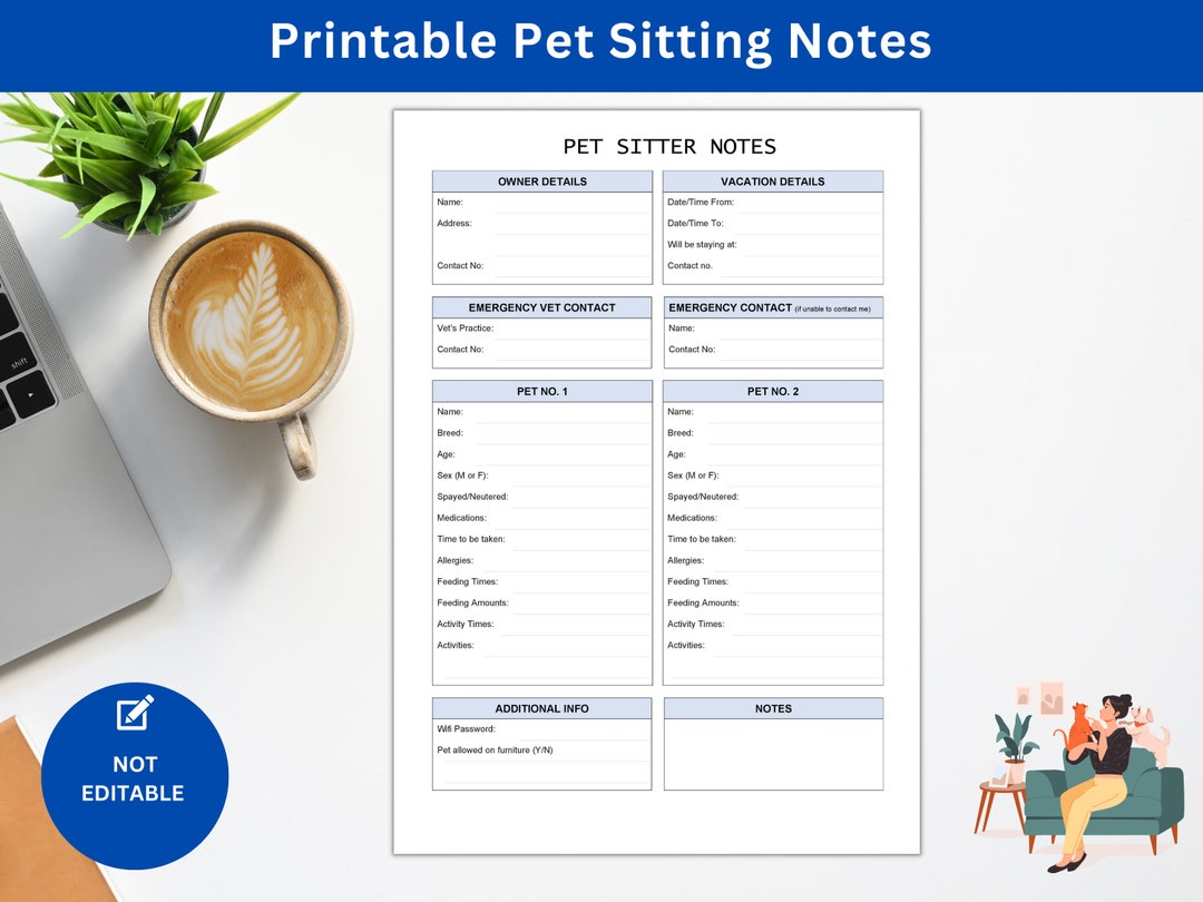Pet Sitting Notes | Notes for Pet Sitter | Minding Pet Notes | Pet ...