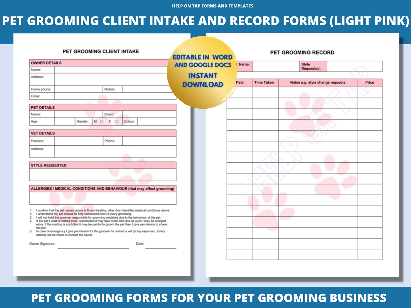 Dog Grooming Form light Pink Mobile Dog Grooming Template - Etsy