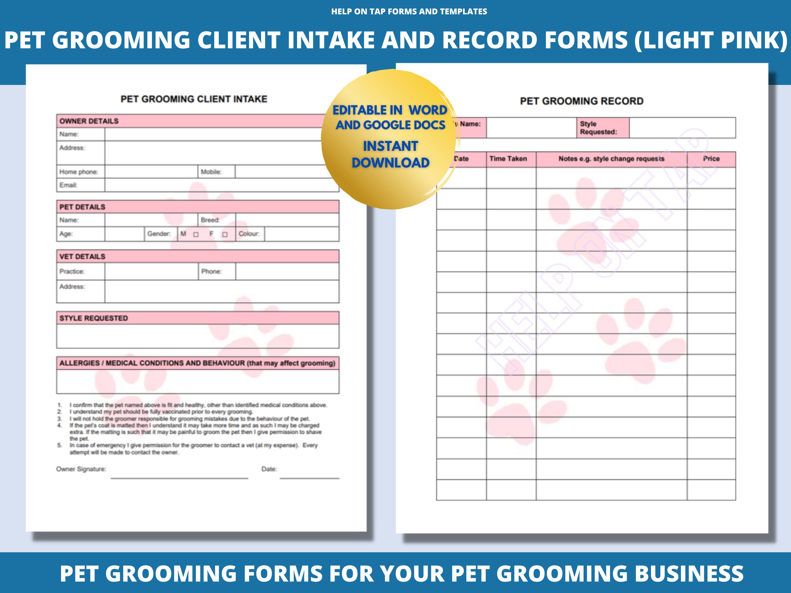 Dog Grooming Form light Pink Mobile Dog Grooming Template Dog Grooming ...
