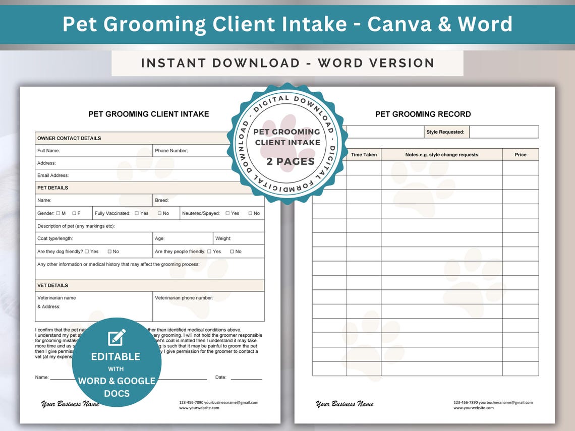 Dog Grooming Client Intake Form: Editable Template (canva, Word, Google ...
