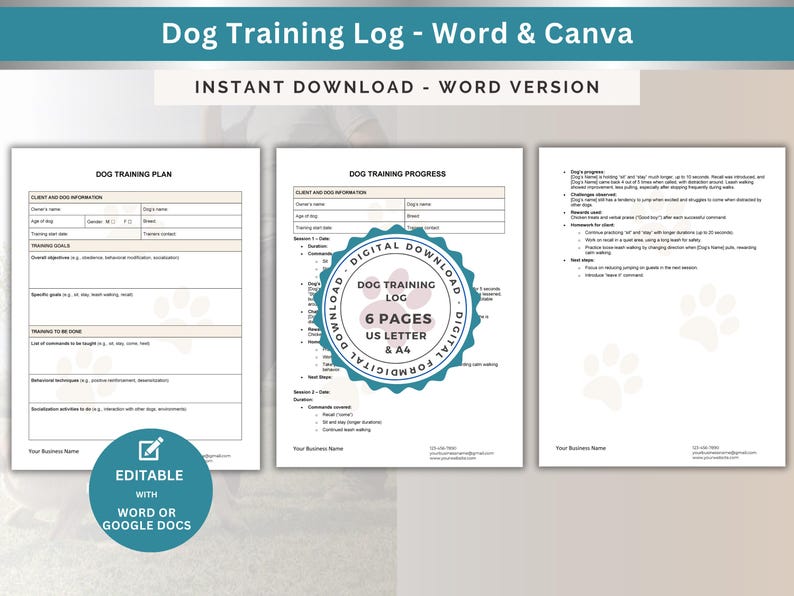 Dog Training Log Template Recording Dog Training Progress, Dog Training ...
