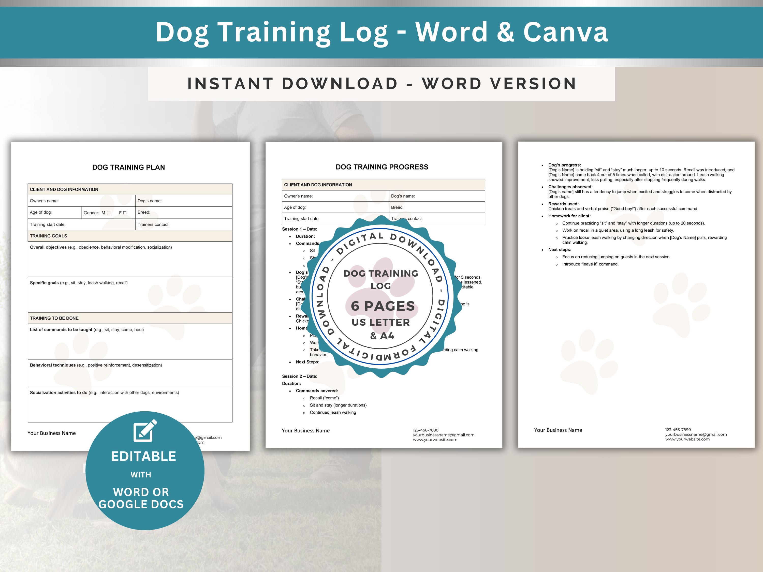 Dog Training Log Template Recording Dog Training Progress, Dog Training ...