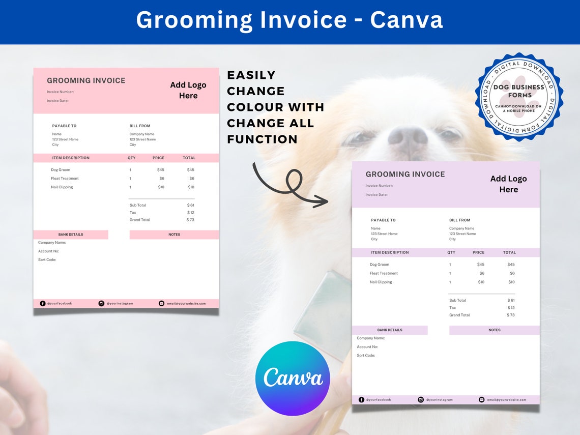 Dog Grooming Invoice Template pink Editable Invoice Groomer Invoice Pet ...