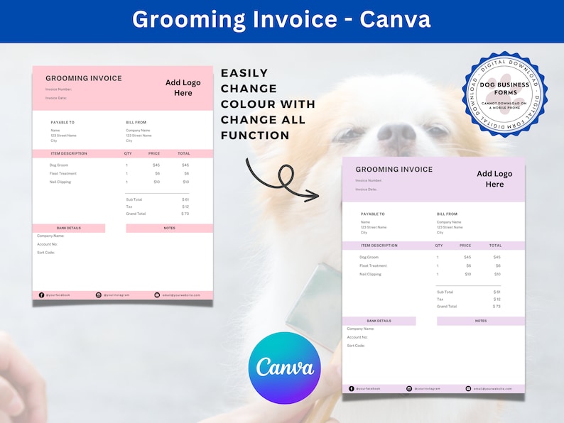 Dog Grooming Invoice Template pink Editable Invoice Groomer Invoice Pet ...