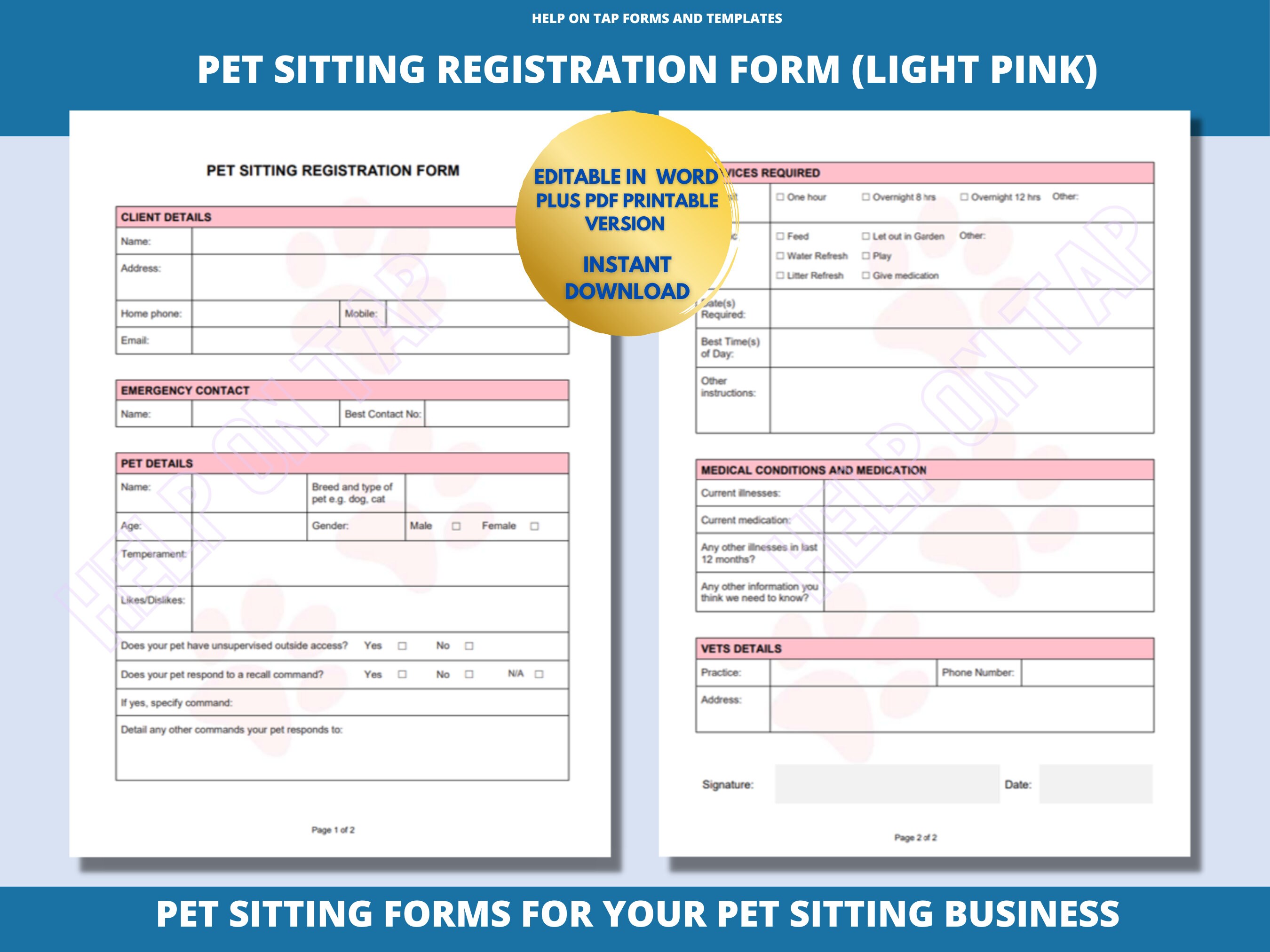 Pet Sitting Registration Form light Pink Pet Sitting Services Form Cat ...