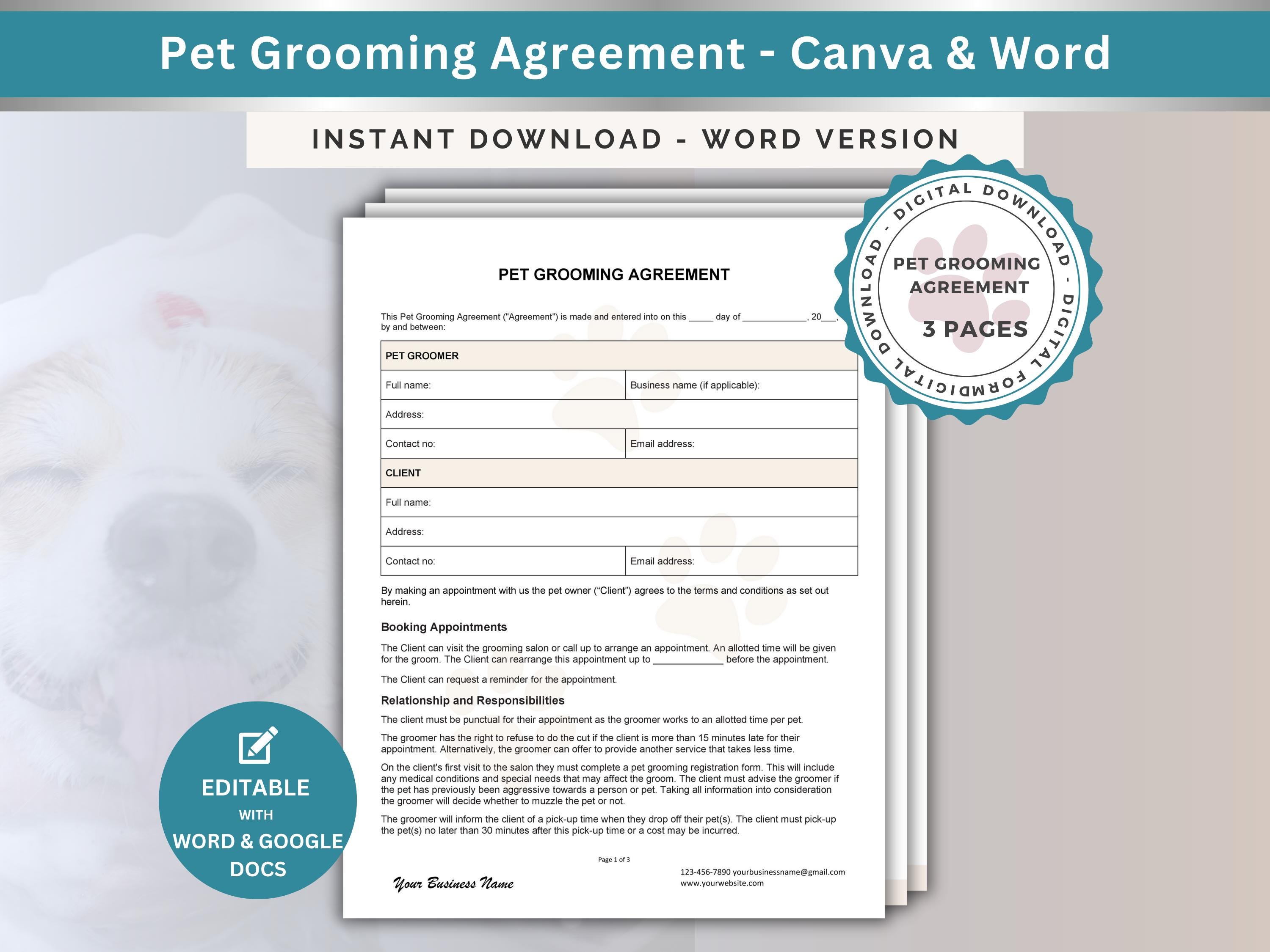 Dog Grooming Contract Template: Editable Pet Groomer Agreement (canva ...