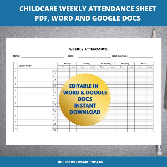 Weekly Attendance Sheet Template Childcare Weekly Attendance - Etsy