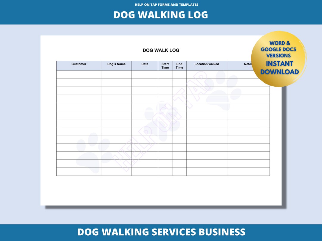 Dog Walk Log Dog Walking Record Sheet Dog Walk Recording Pet Business ...