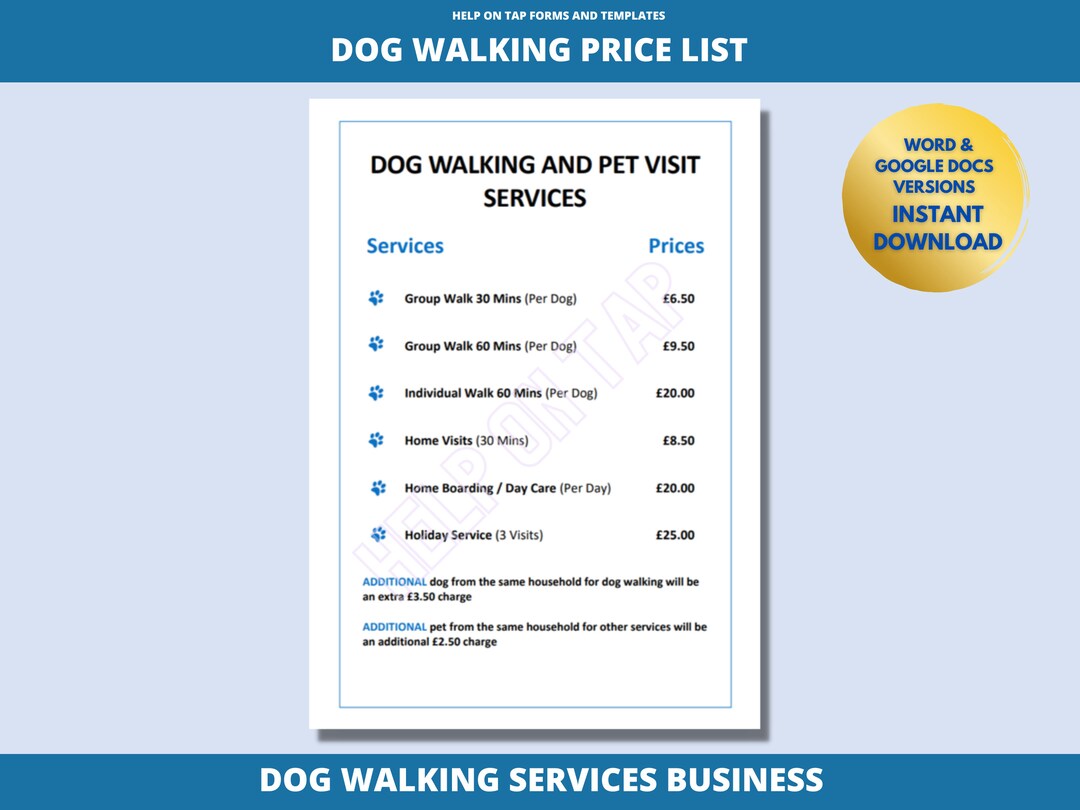 Dog Walking Price List blue Dog Services Price Charges - Etsy