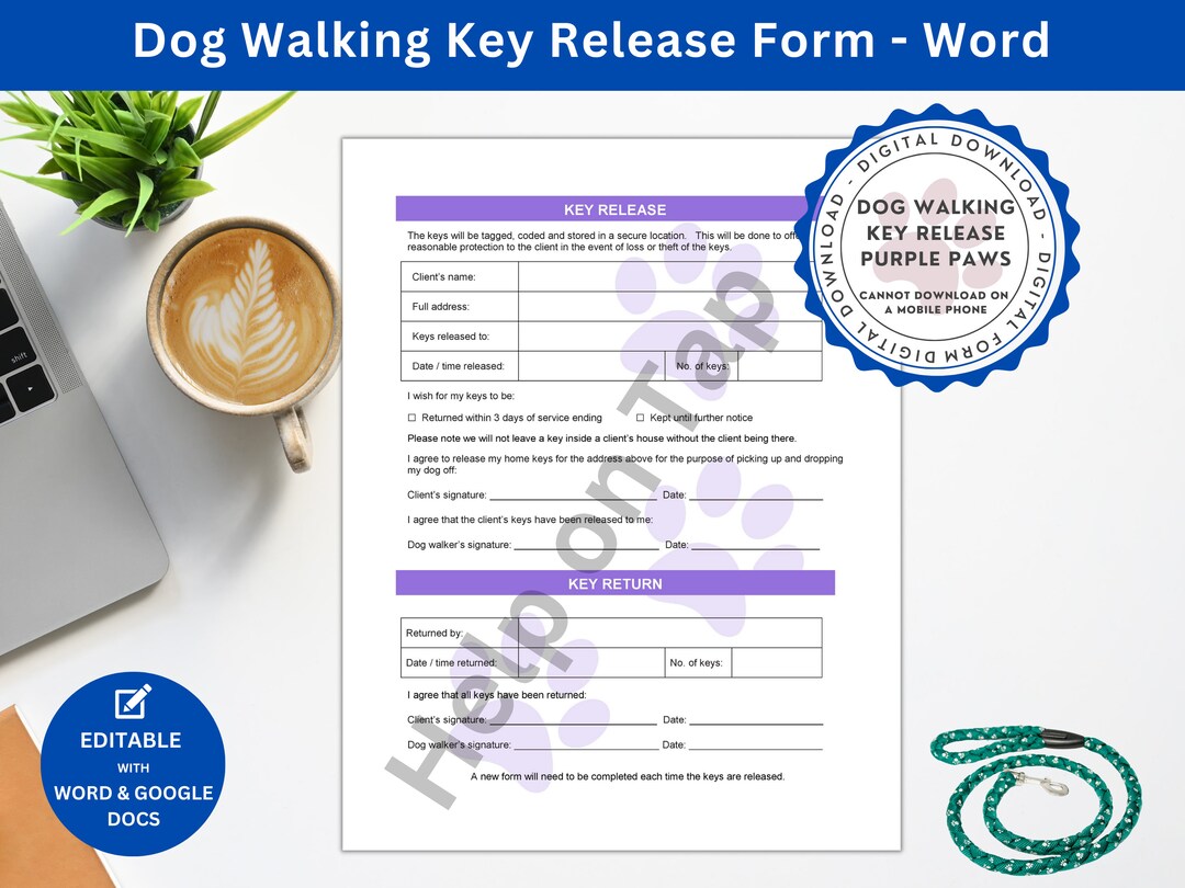Key Release Form purple Dog Walking Key Return / Key - Etsy