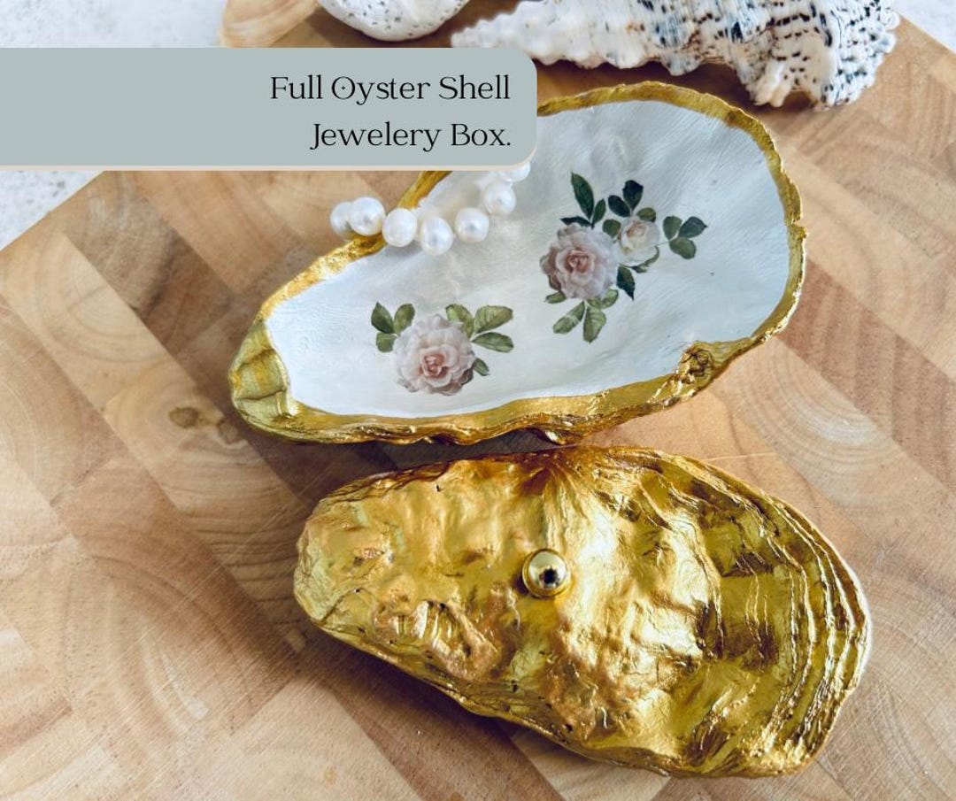 Gold Full Oyster Shell Jewellery Box. White and Dusky Pink Rose Design ...