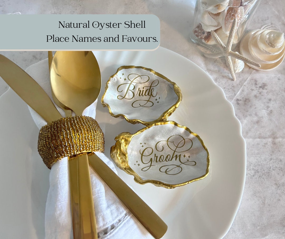 Antique Gold Oyster Shell Wedding Place Name and Favours. Personalised ...
