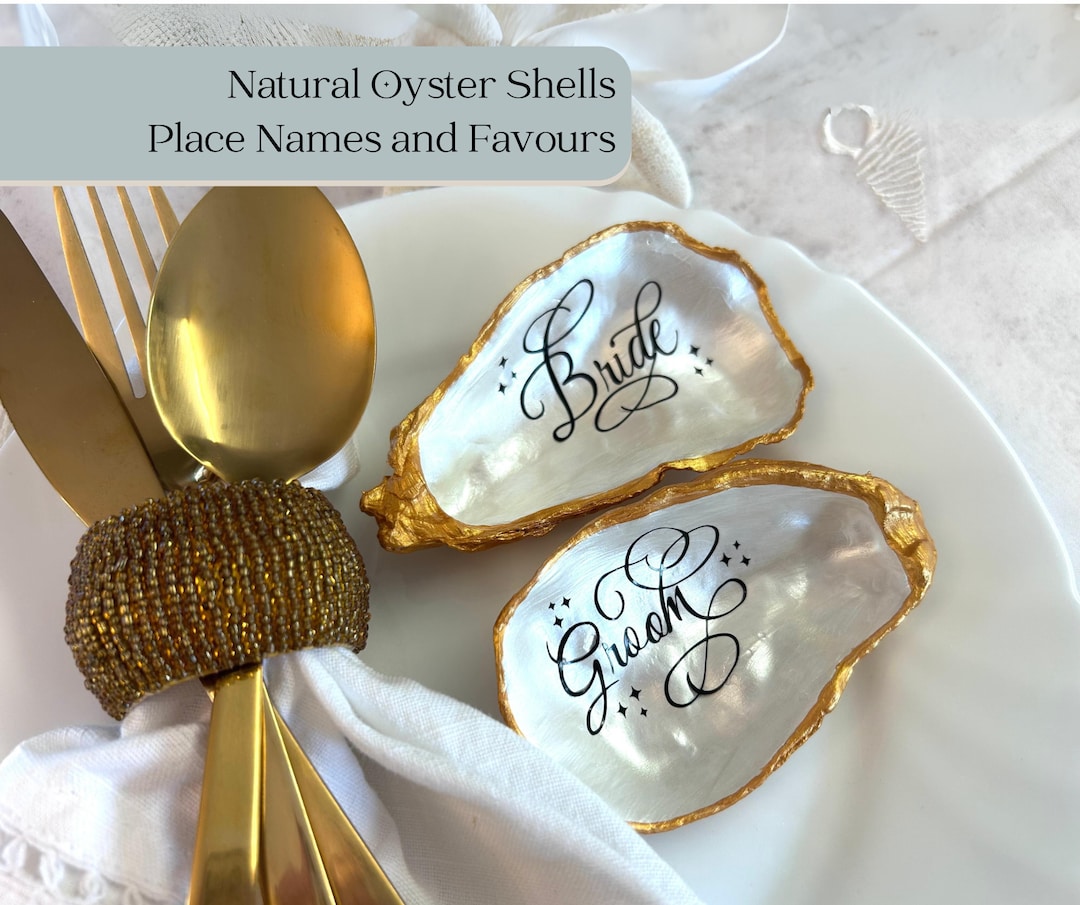 Gold Oyster Shell Wedding Place Card and Favour. Personalised Name ...