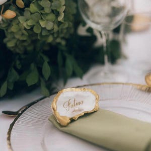 Antique Gold Oyster Shell Wedding Name Cards. Personalised Coastal ...