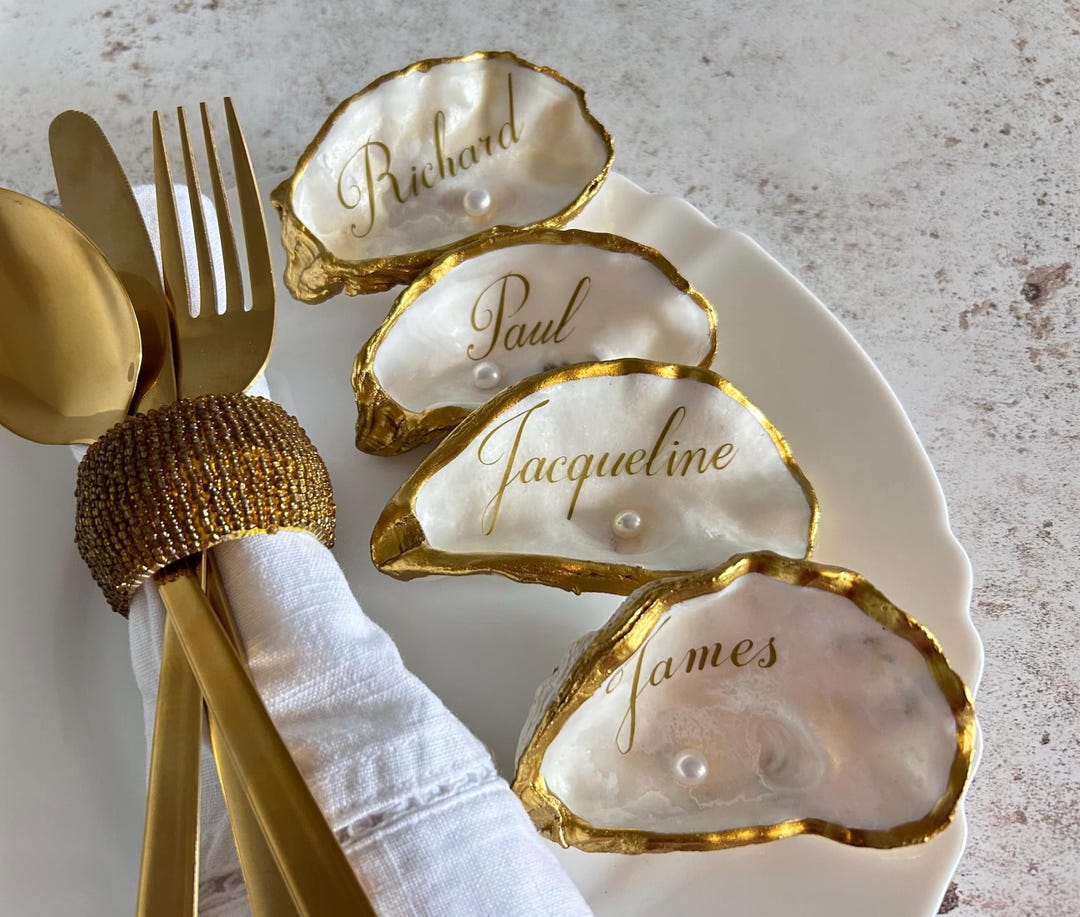 Antique Gold Oyster Shell Wedding Name Cards. Personalised Coastal ...