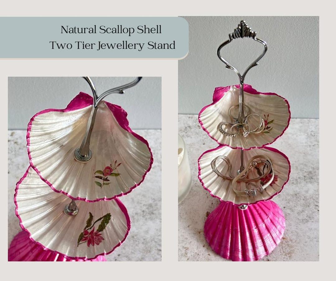 Pink Scallop Shell Jewellery Stand. Two Tier Cerise Jewellery Holder ...