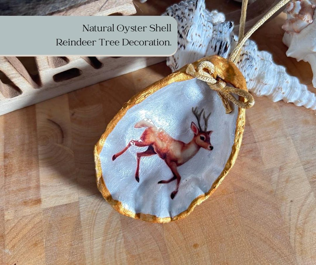 Vintage Style Reindeer Oyster Shell Christmas Ornament. Cute Gold and ...