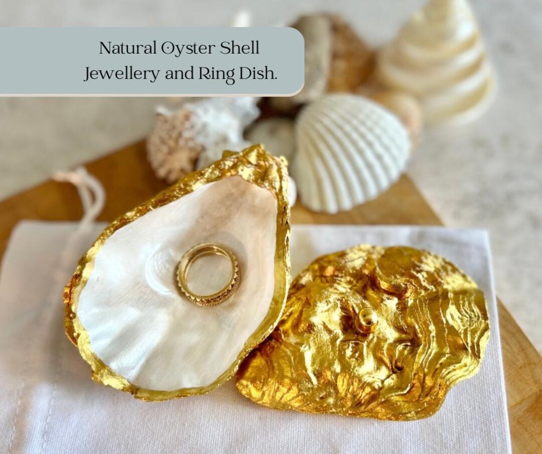 Antique Gold and Natural Whole Oyster Shell Ring Holder. Coastal Home ...