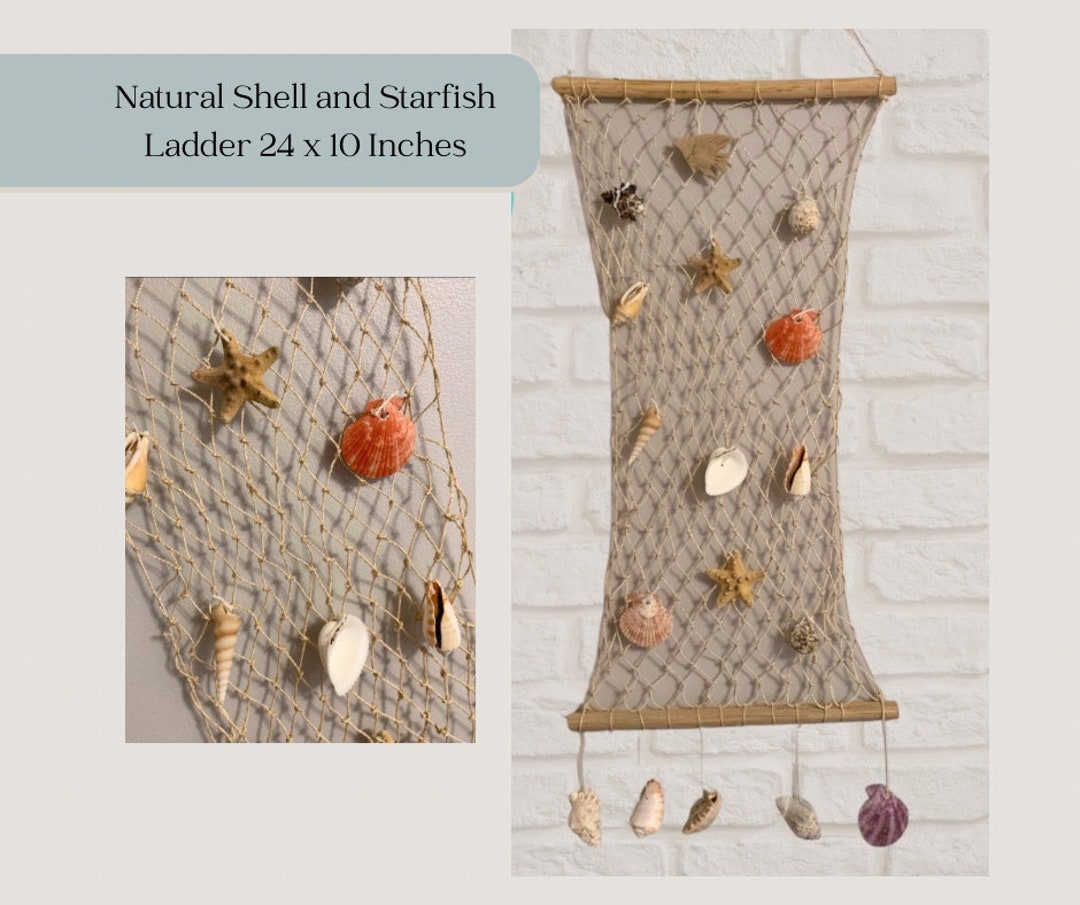 Fisherman Net and Sea Shell Nautical Hanging Decor. Natural Wood, Shell ...