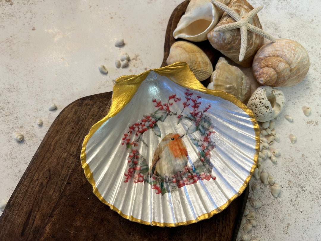 Robin Scallop Shell Jeweller Tray. Christmas Memorail Trinket Dish Gift ...