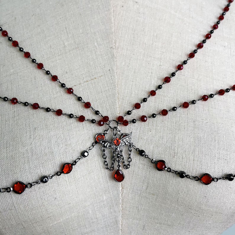 Dark Ruby Red Gothic Wedding Necklace: Black Beaded Shoulder Chain - Etsy