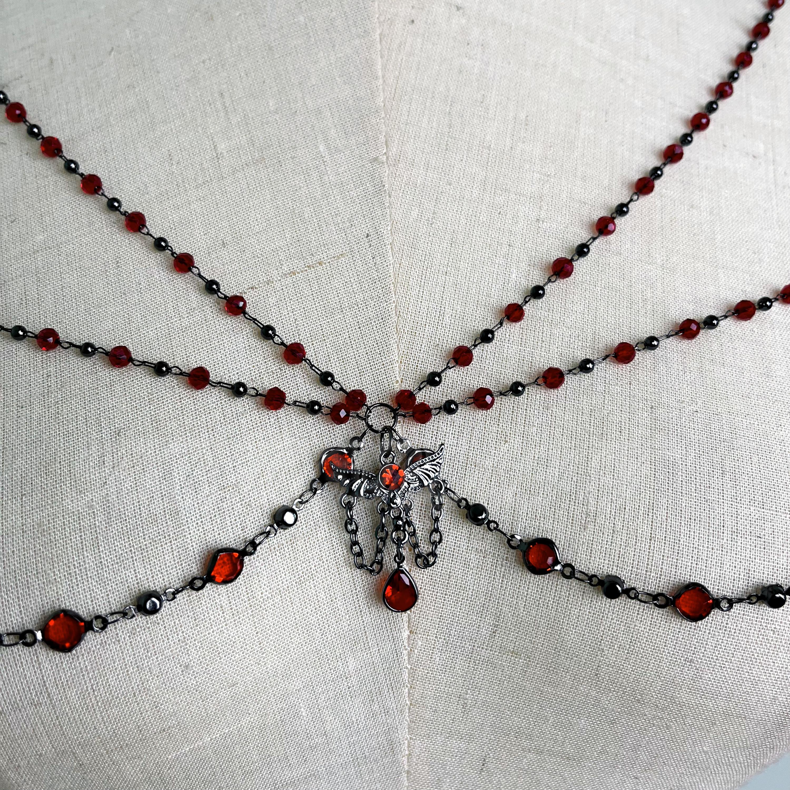 Dark Ruby Red Gothic Wedding Necklace: Black Beaded Shoulder Chain - Etsy