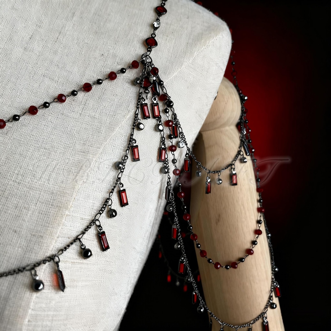 Gothic Ruby Red Beaded Shoulder Chain: Victorian Bridal Body Jewelry - Etsy