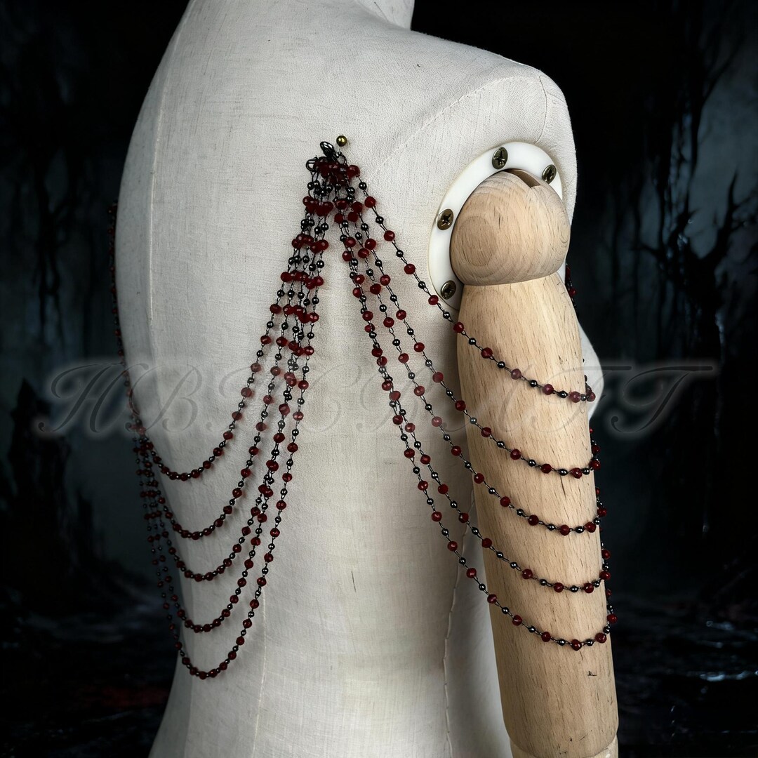 Dark Ruby Red Gothic Wedding Necklace: Black Beaded Shoulder Chain - Etsy