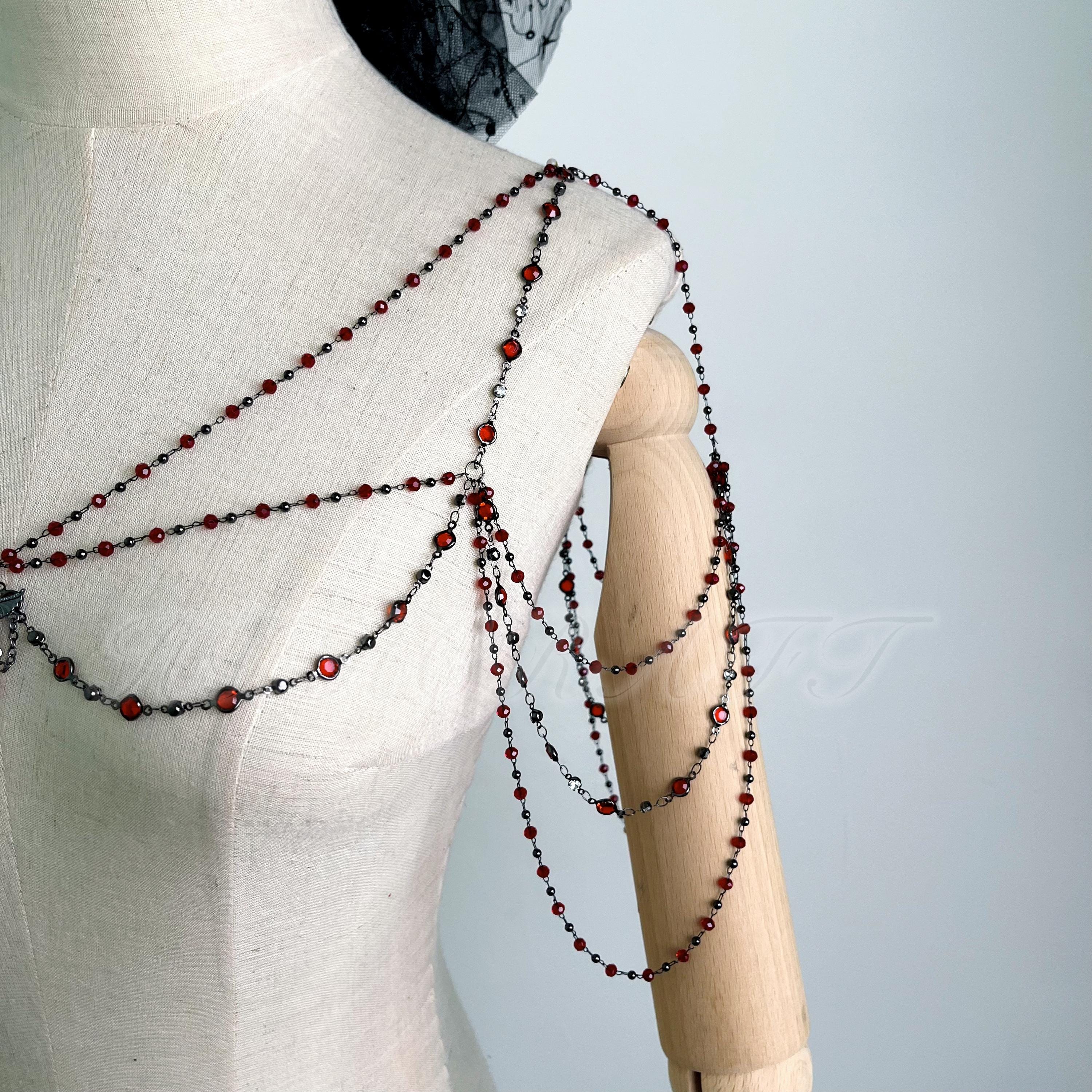Dark Ruby Red Gothic Wedding Necklace: Black Beaded Shoulder Chain - Etsy