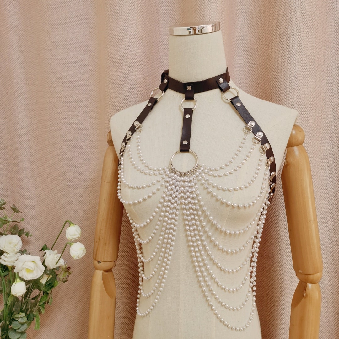 Black Leather Pearl Body Chain: Goth Punk Harness - Etsy