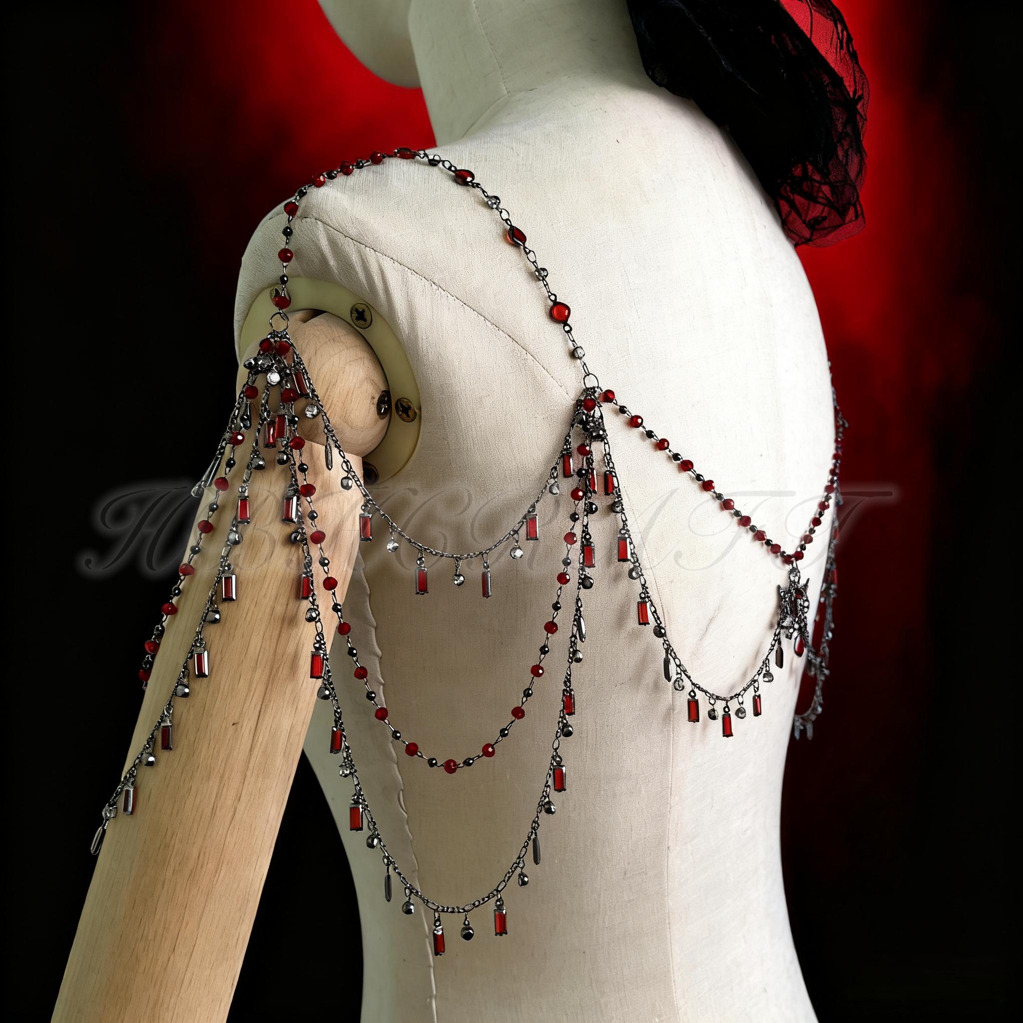Gothic Ruby Red Beaded Shoulder Chain: Victorian Bridal Body Jewelry - Etsy