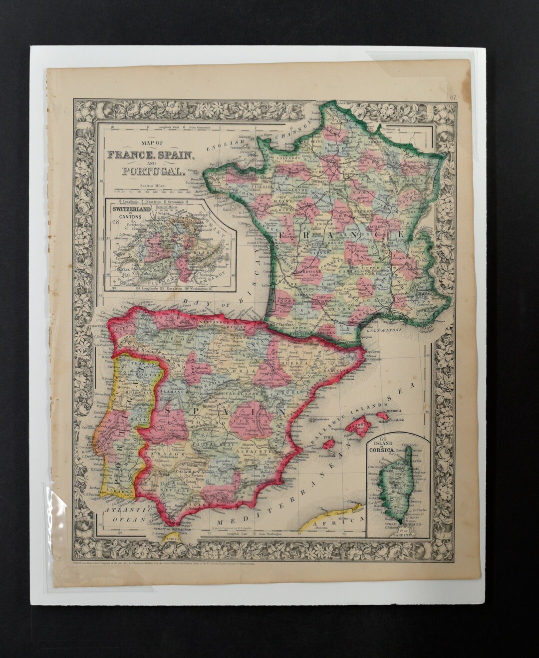 Original Map From Mitchell's New General Atlas - France, Spain, and ...