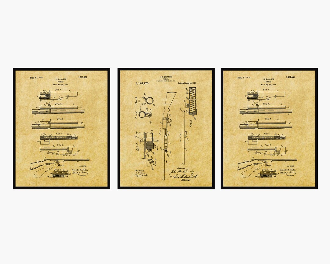 Gun Patent Prints Set of 3 Military Patent Hunting Decor - Etsy