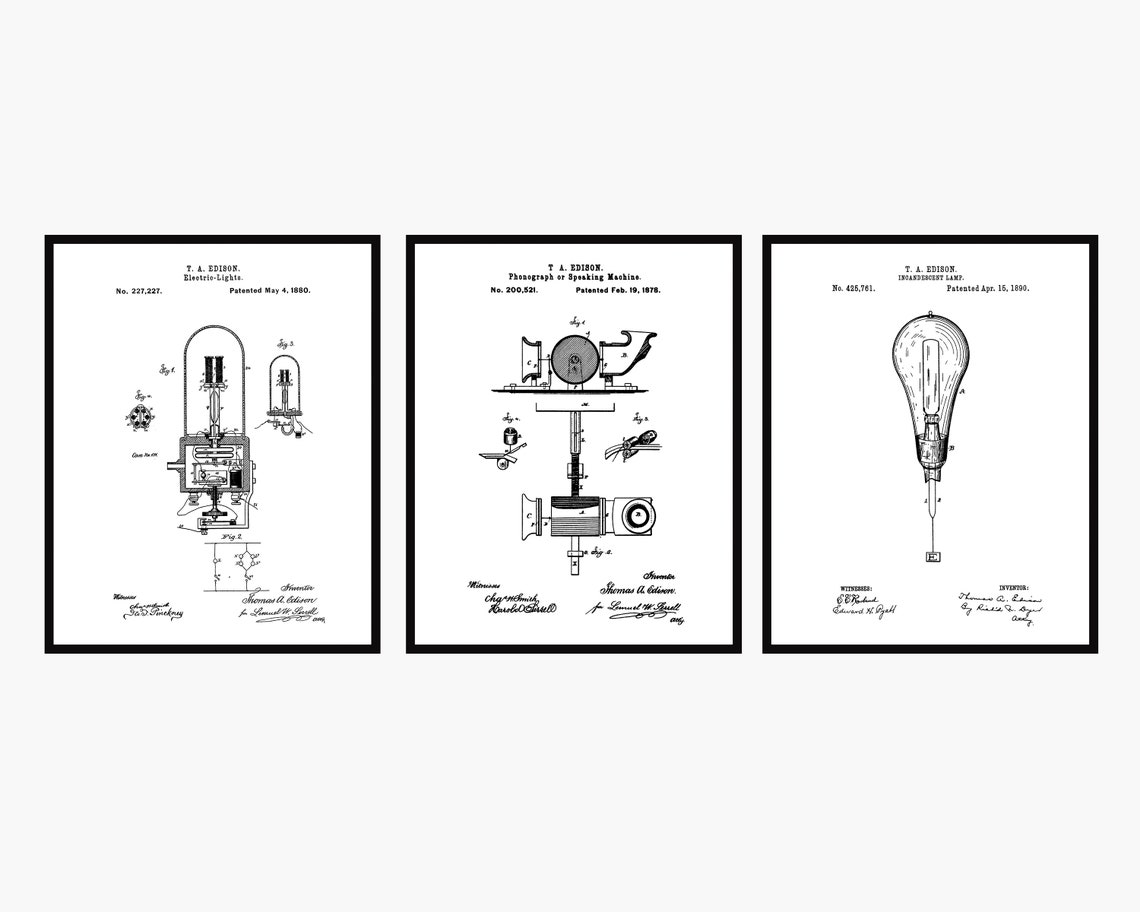 Edison Patent Prints Set of 3 Engineer Gift Light Bulb Patent Thomas ...