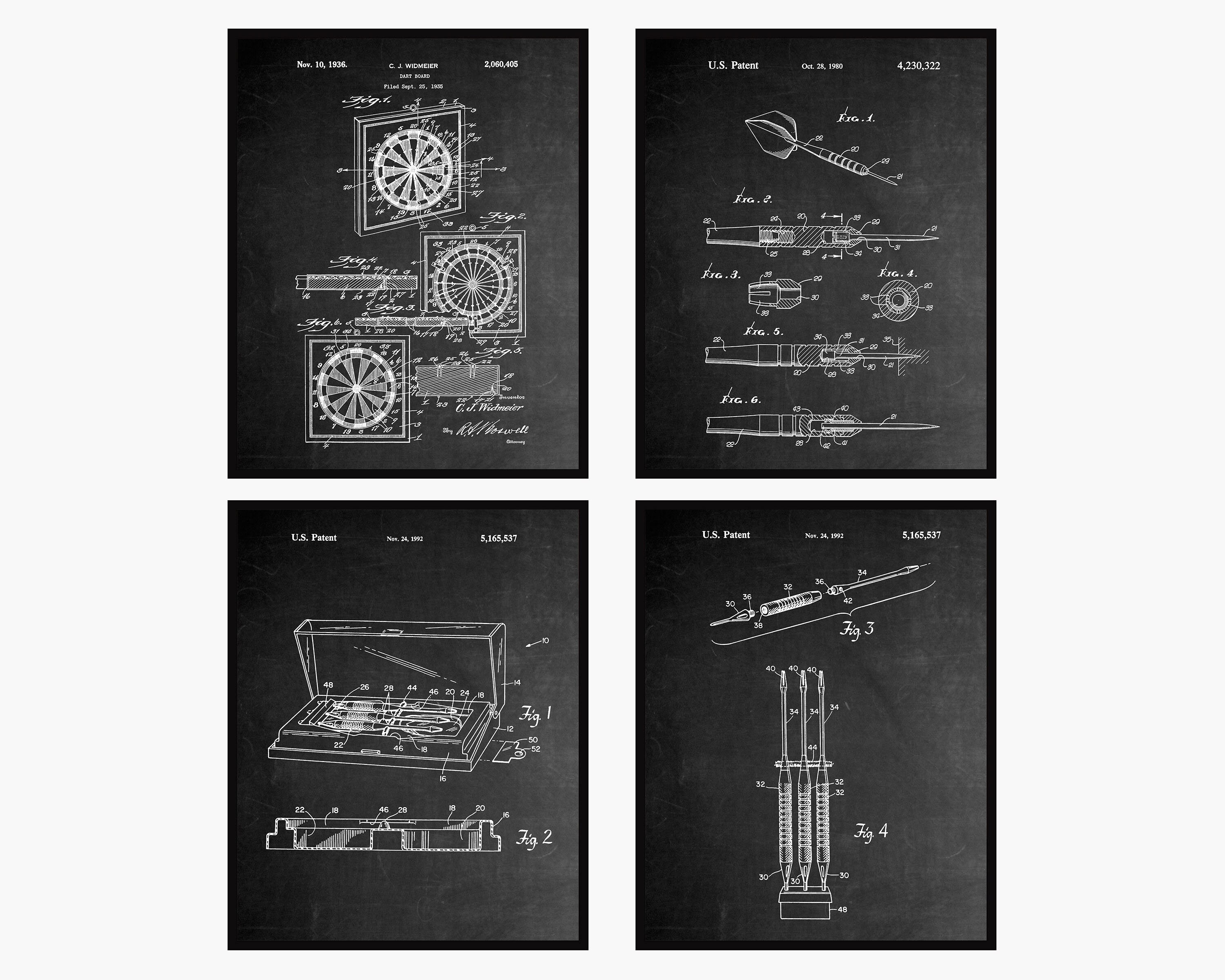 Dart Patent Prints Set of 4 - Darts Poster • Dart Print Set • Game Room ...