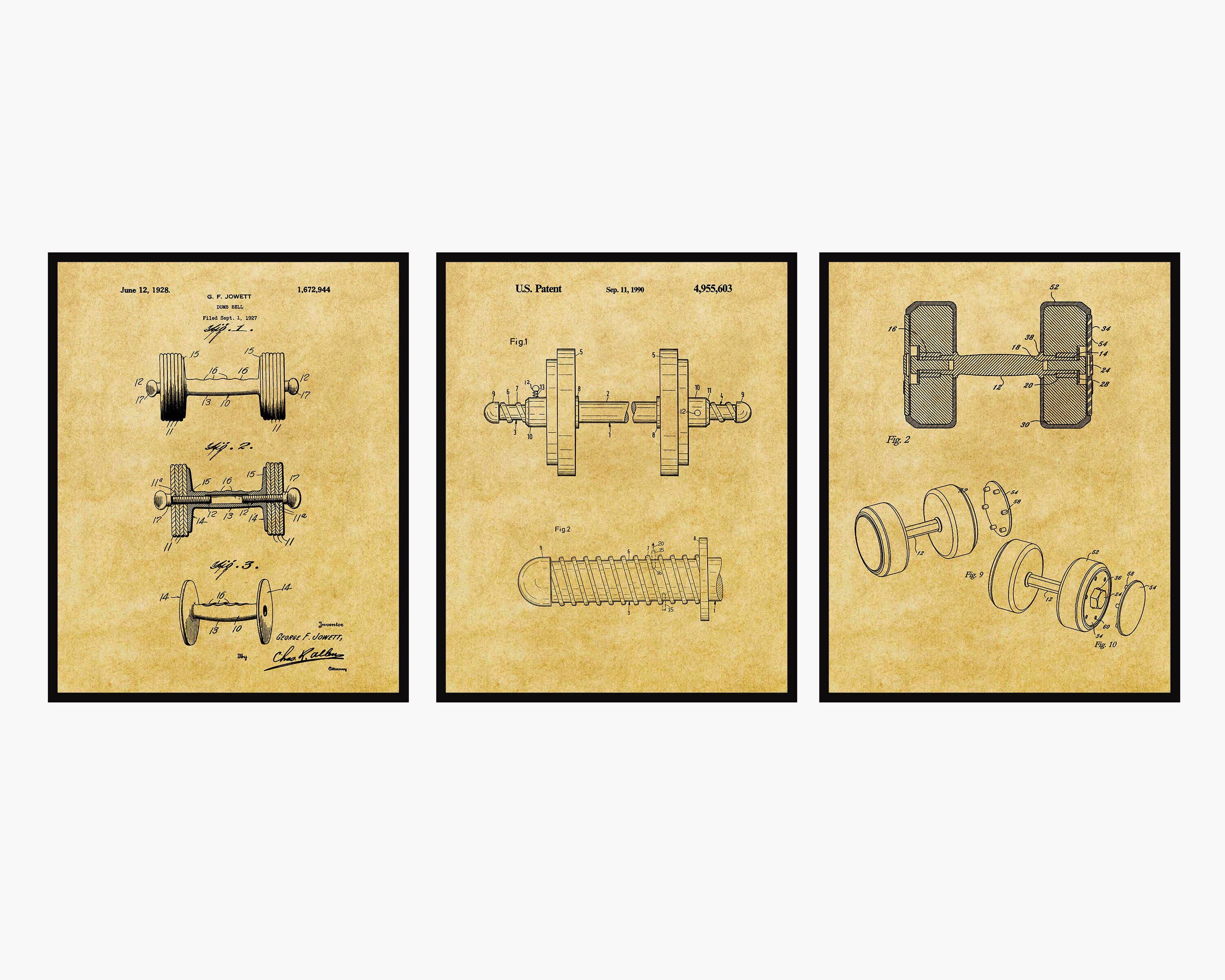 Dumbbell Patent Prints Set of 3 Weightlifting Posters Gym Wall Art ...