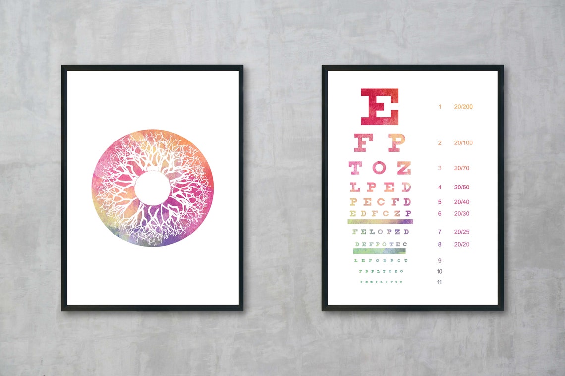 Watercolor Iris and Snellen Eye Charts Set of 2 - Human Art Decor ...