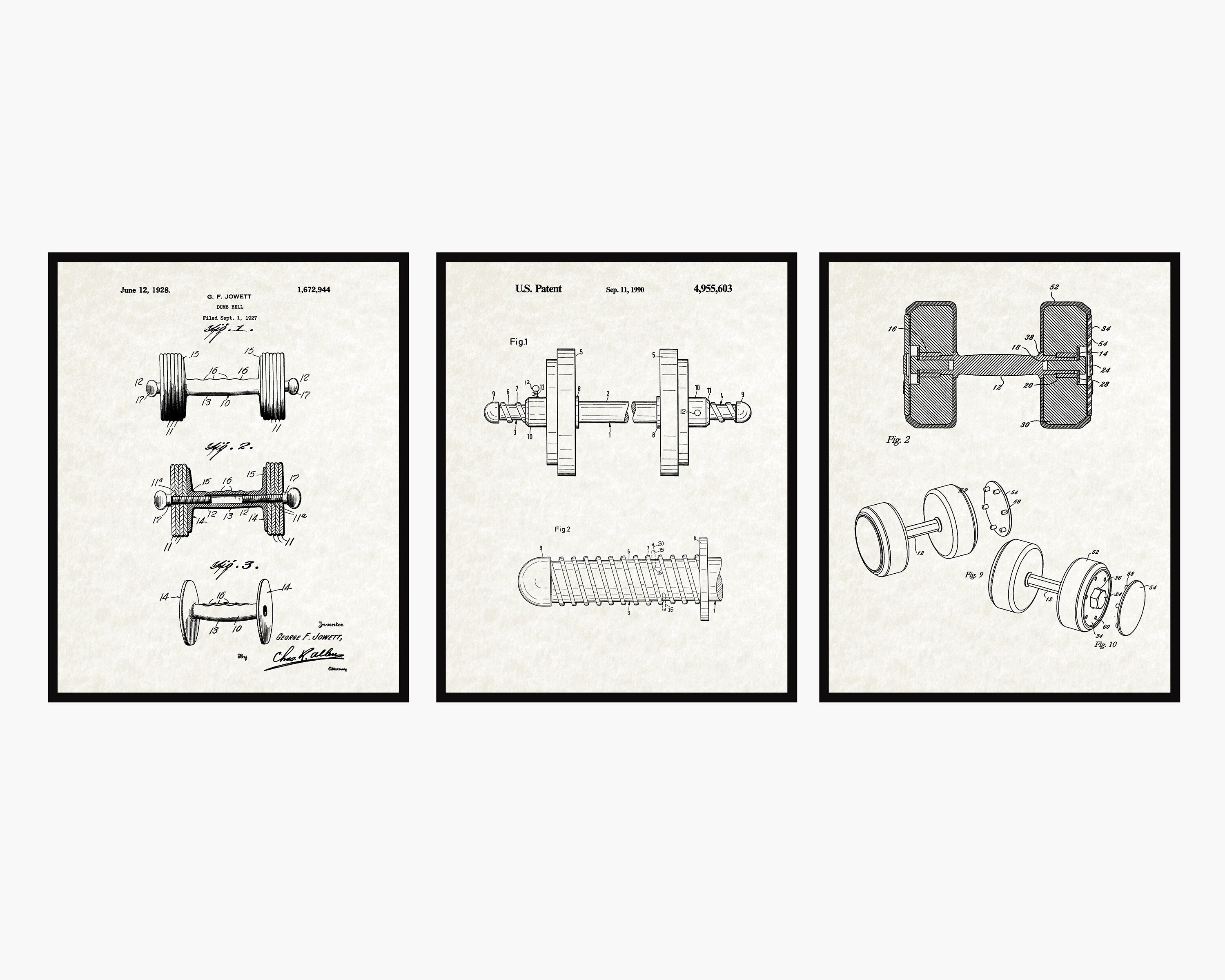 Dumbbell Patent Prints Set of 3 Weightlifting Posters Gym Wall Art ...