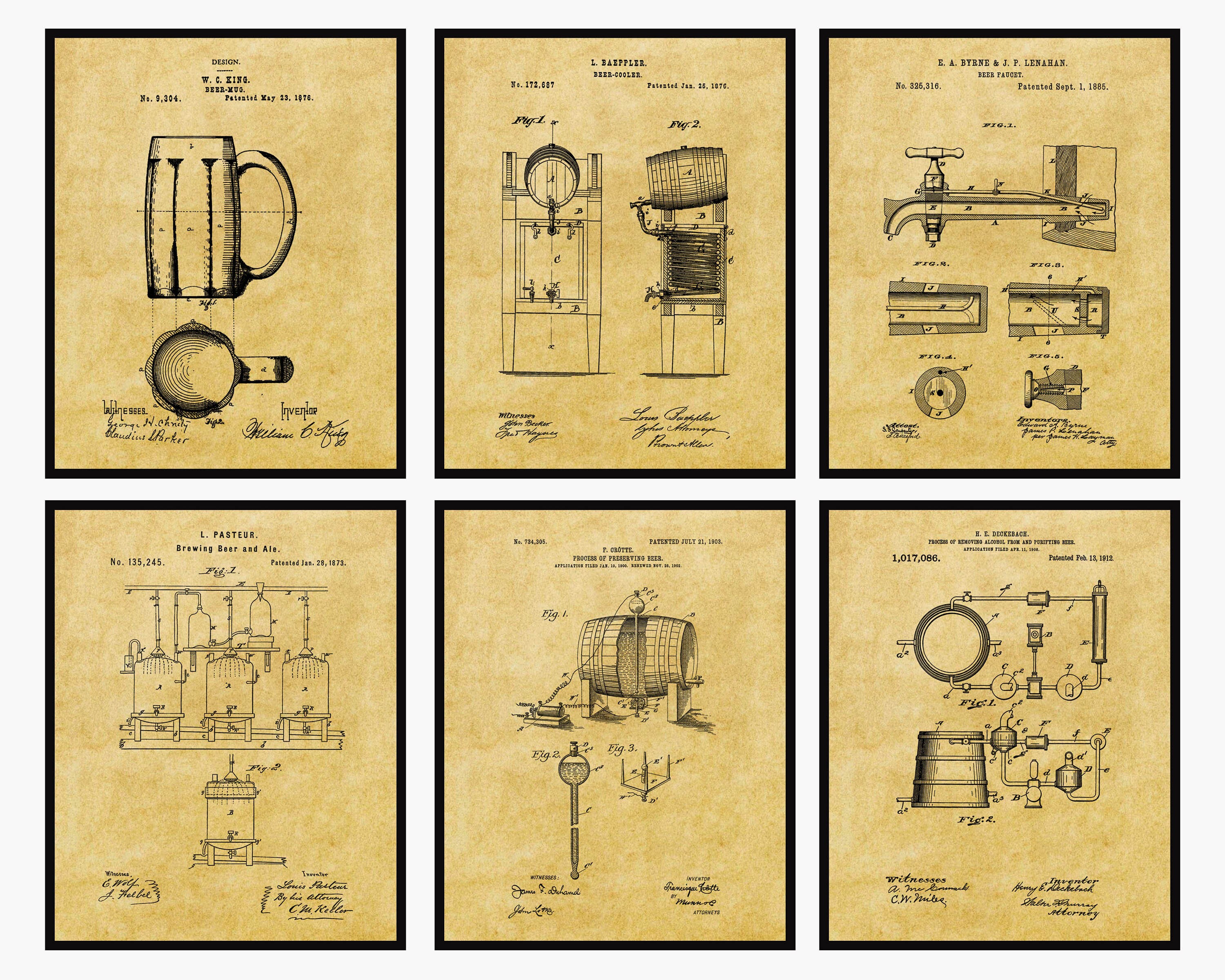Beer Patent Prints Set of 6 - Beer Poster • Beer Decor • Beer Art • Bar ...