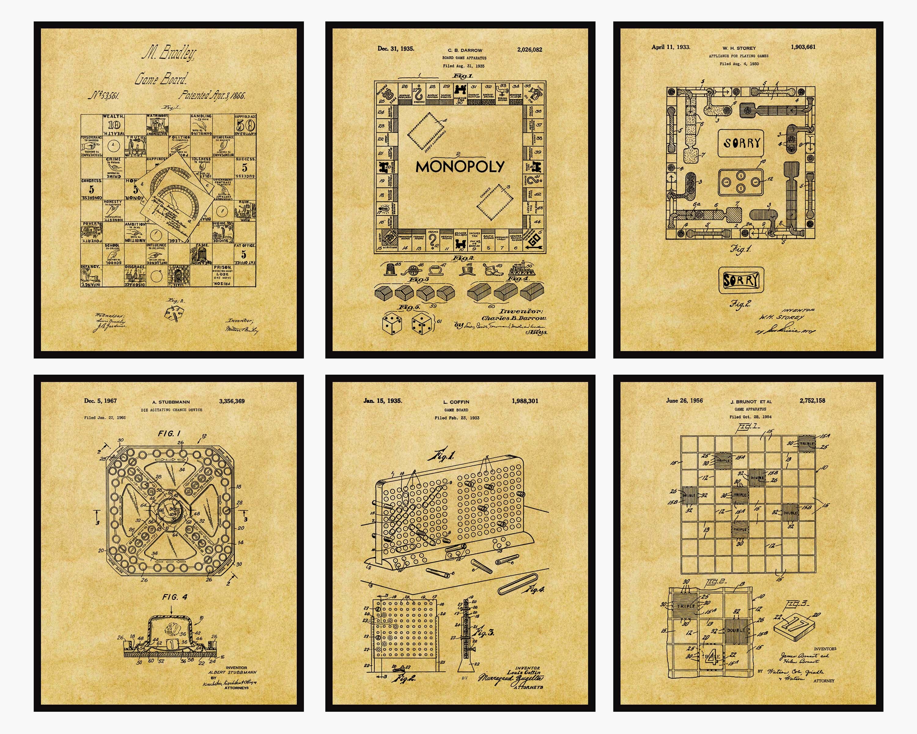 Board Game Patent Prints Set of 6 - Game Room Decor • Man Cave Decor ...