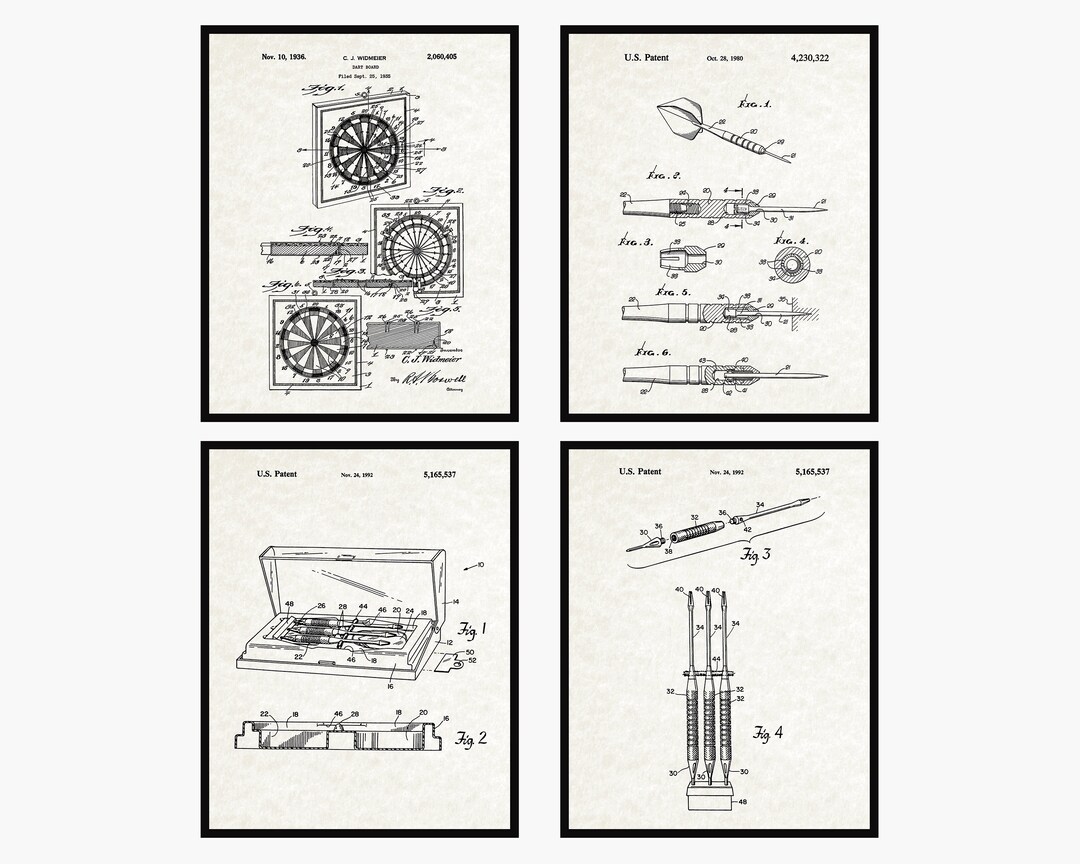Dart Patent Prints Set of 4 - Darts Poster • Dart Print Set • Game Room ...
