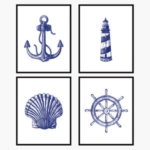 Nautical Wall Art Set of 4 • Coastal Wall Art • Nautical Decor • Blue ...