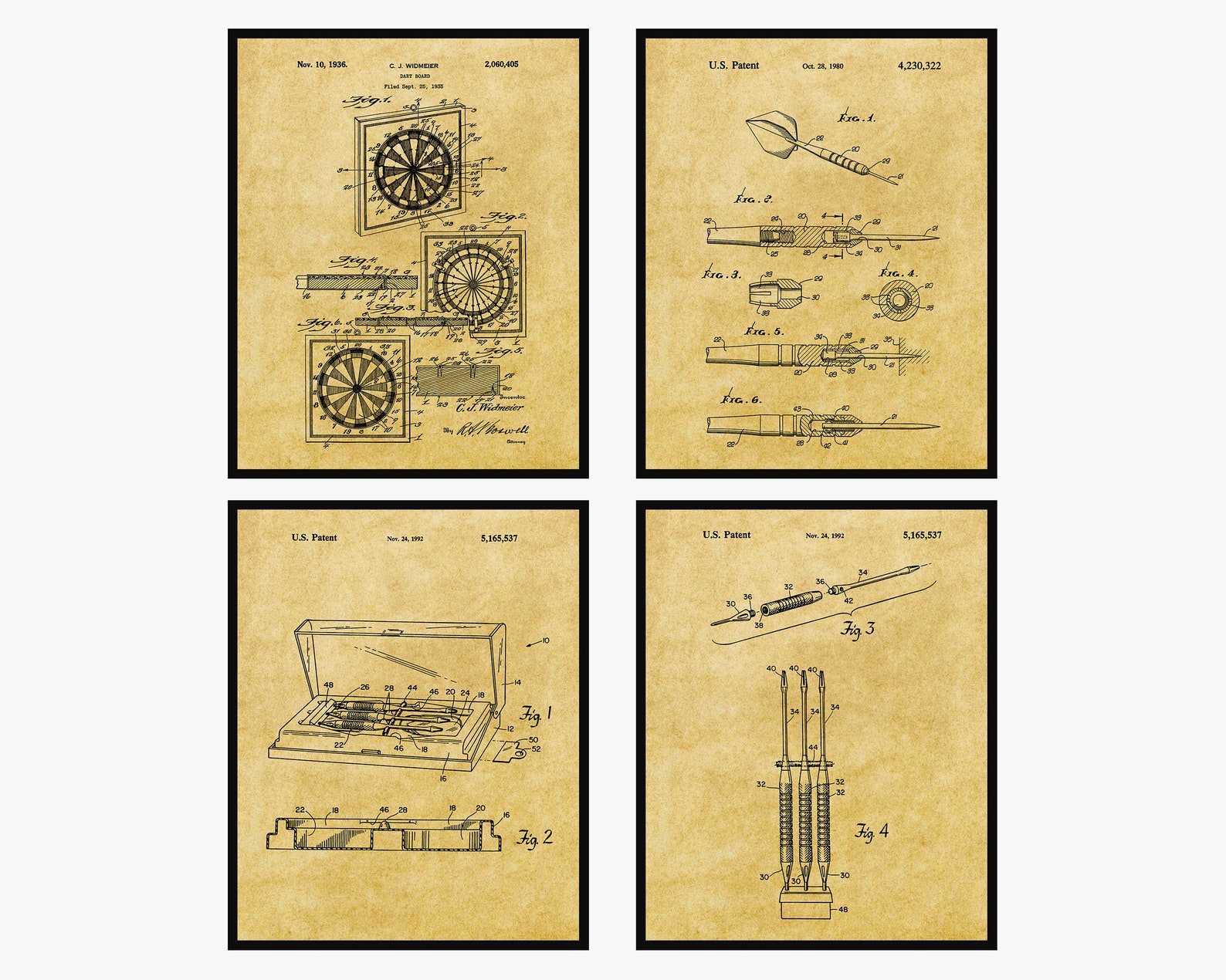 Dart Patent Prints Set of 4 - Darts Poster • Dart Print Set • Game Room ...