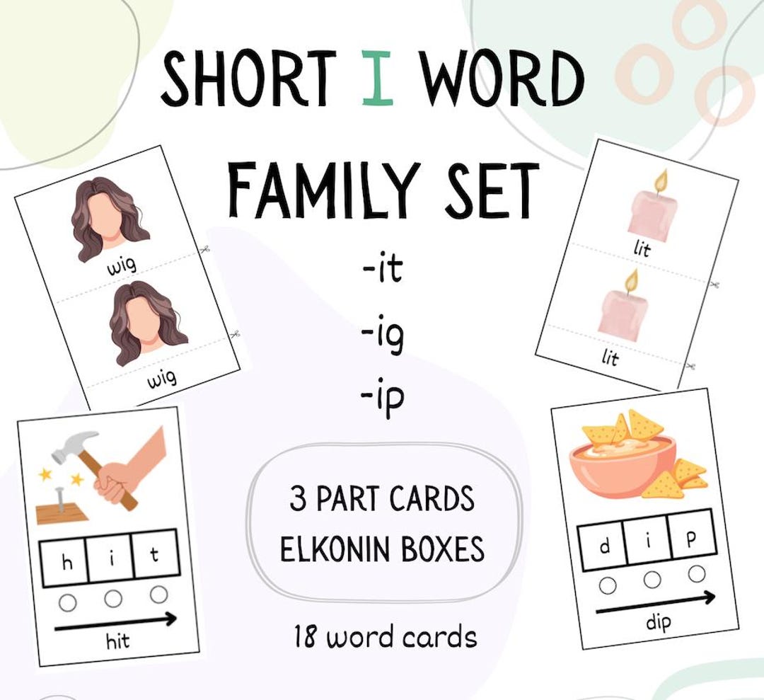 Short I Word Family Set, CVC, 3 Part Cards, Elkonin Boxes, Phonics ...