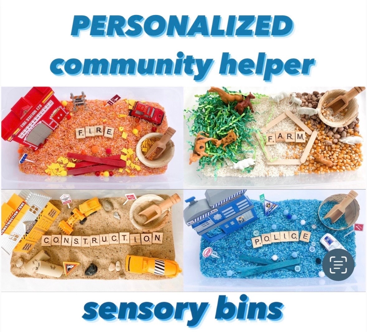 Personalized Community Helpers Sensory Bin, Construction Trucks, Police ...