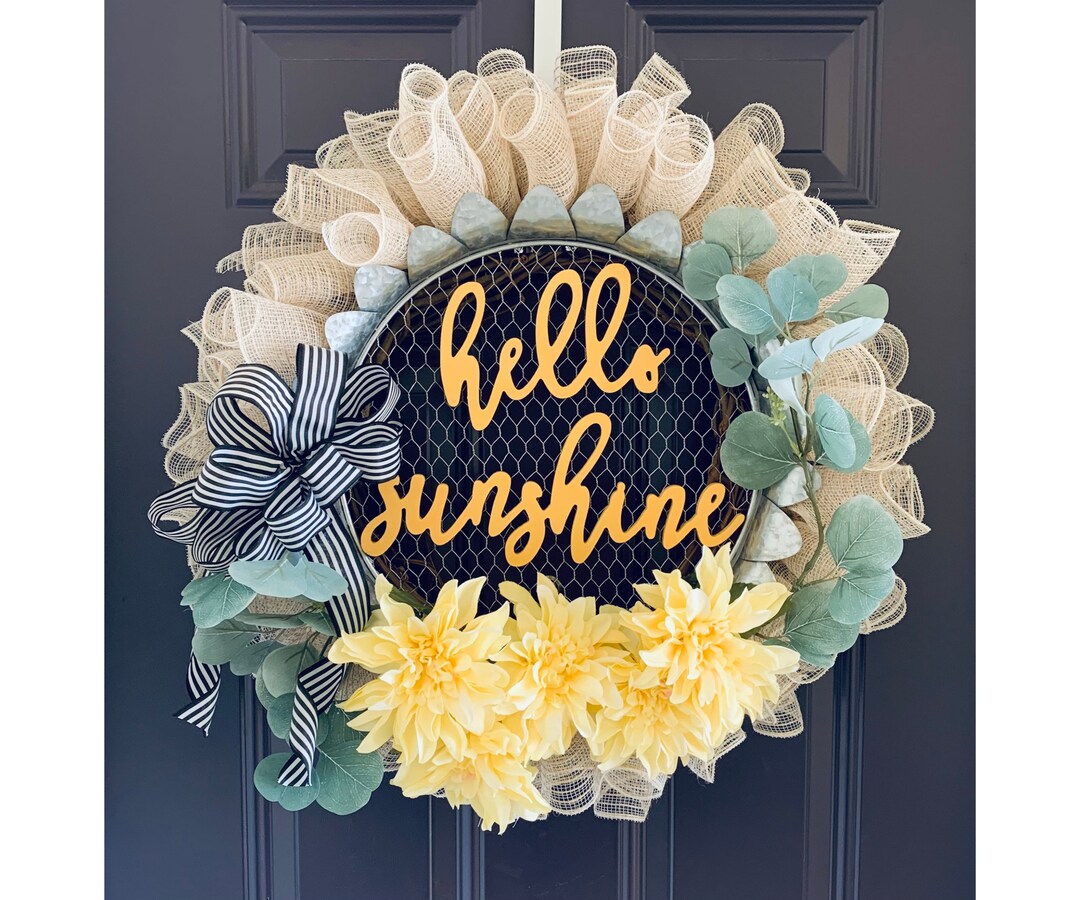 Hello Sunshine Wreath for Front Door, Farmhouse Everyday Floral Chicken ...