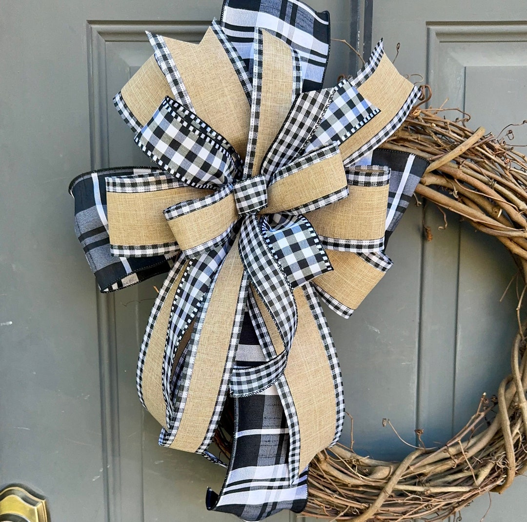 Farmhouse Buffalo Check Bow for Wreath, Farmhouse Black and White Plaid ...