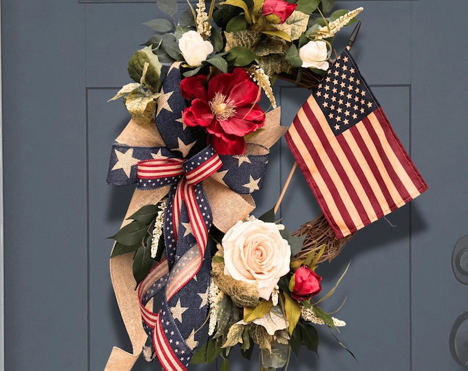 Patriotic Primitive Magnolia Flag Wreath for Front Door, Stars and ...