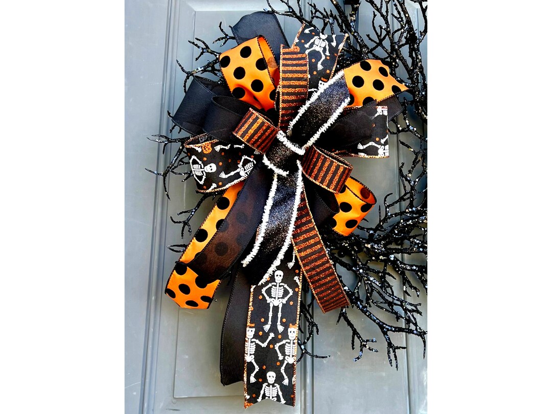 Halloween Skeleton Bow: Polka Dot Glitter Ribbon, Spooky Decor - Etsy
